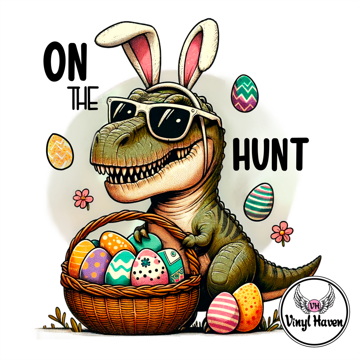 DTF Print * Easter * On The Hunt Dino – Cheer Haven LLC.